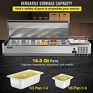 VEVOR Refrigerated Condiment Prep Station, 60-Inch, 16.8Qt Sandwich/Salad Prep Table with 4 1/3 Pans & 4 1/6 Pans, 150W Salad Bar with 304 Stainless Body and Cover Temp Adjuster One-Click Defrosting