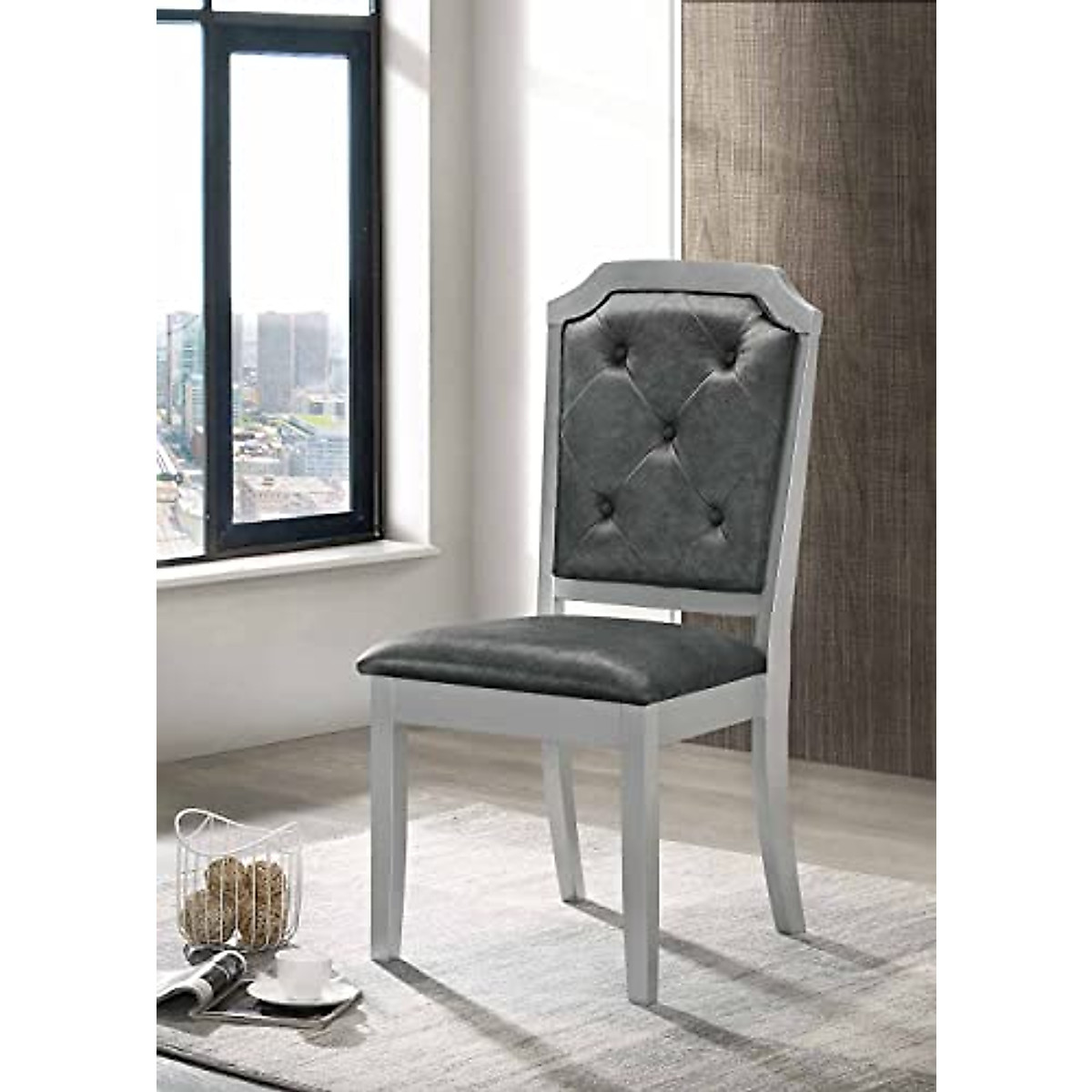 Liveasy Furniture Dining Table Set for 6, Kitchen & Dining Room Sets with Button Tufted Upholstered Chairs and Mirror Tile Edge (Silver/Grey)