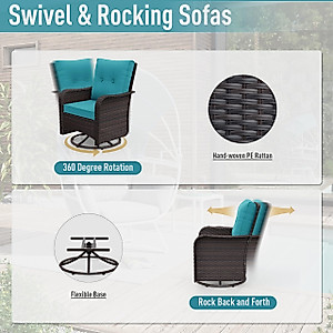 Knnbxa 11 Pieces Patio Furniture Set Modular Outdoor Set with 2 Swivel Chairs Outdoor Sectional Wicker Rattan Sofa Set w/55000 BTU Fire Pit Conversation Set for Backyard Porch-Blue