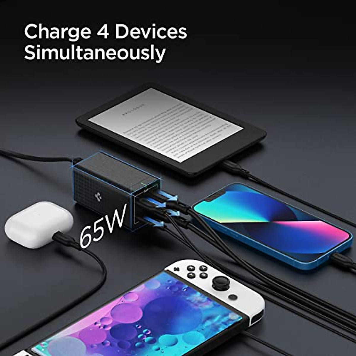 USB C Charger, Spigen 65W [GaN III] 4-Port USB C Charging Station, USB-C PD/USB-A Fast Charge Hub for MacBook iPad M2 M1 Pro Air iPhone Galaxy HP Dell XPS ASUS Chromebook USB-C Laptop Steam Deck