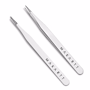 Makartt 2Pcs Straight Nail Tweezers Probe Tips Metal Precision Tweezers for Nail Art Picking Gems Rhinestones Acrylic Gel Stickers Eyelash Extensions Nail Tools