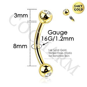 COCHARM 14K Yellow Gold Eyebrow Rings 16g Real Gold Eyebrow Piercing 8mm Solid Gold Eyebrow Barbell 16g Cute Yellow Gold Rook Earrings 14K Gold Rook Barbell