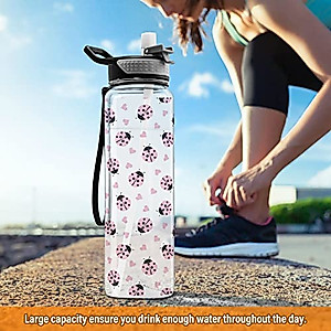 Fustylead Cute Ladybug and Hearts 32oz BPA Free Water Bottles, Leakproof Tritan Sport Water Bottle with Straw for Gym Fitness Running