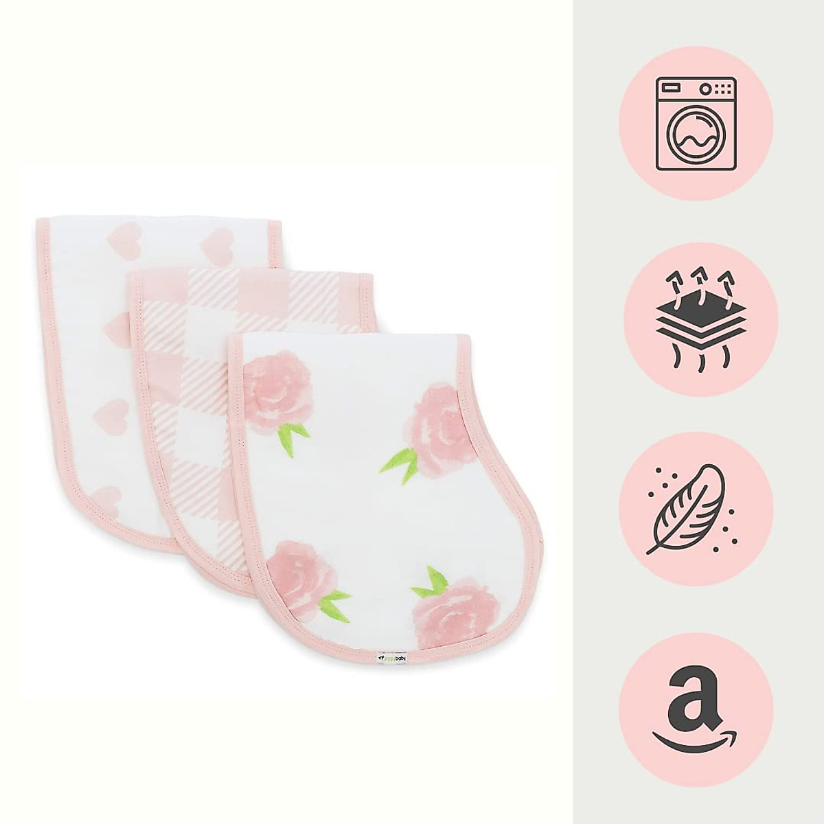 Ziggy Baby Muslin Burp Cloths, Burpy Bib Set (3 Pack) Pink Peony, Heart and Buffalo Plaid