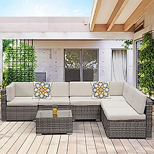 SUNVIVI OUTDOOR 7 Piece Patio Sectional Grey Wicker Furniture for Backyard, Garden with String Beige Cushions, Clips, Coffee Table