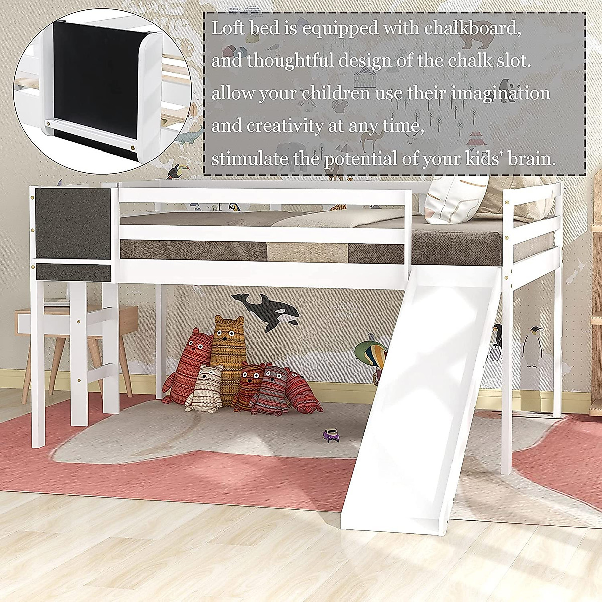 CITYLIGHT Full Size Loft Bed with Slide, Kids Low Loft Bed Frame with Chalkboard for Boys & Girls, Wood Full Slide Loft Bed with Under-Bed Space Storage (White, Full)
