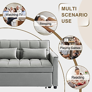 SumKea Convertible Sofa Couch 3-in-1 Multi-Functional Velvet Pull-Out Bed, 55'' Loveseat Chaise Lounge with Adjustable Backrest and Pillows, Grey