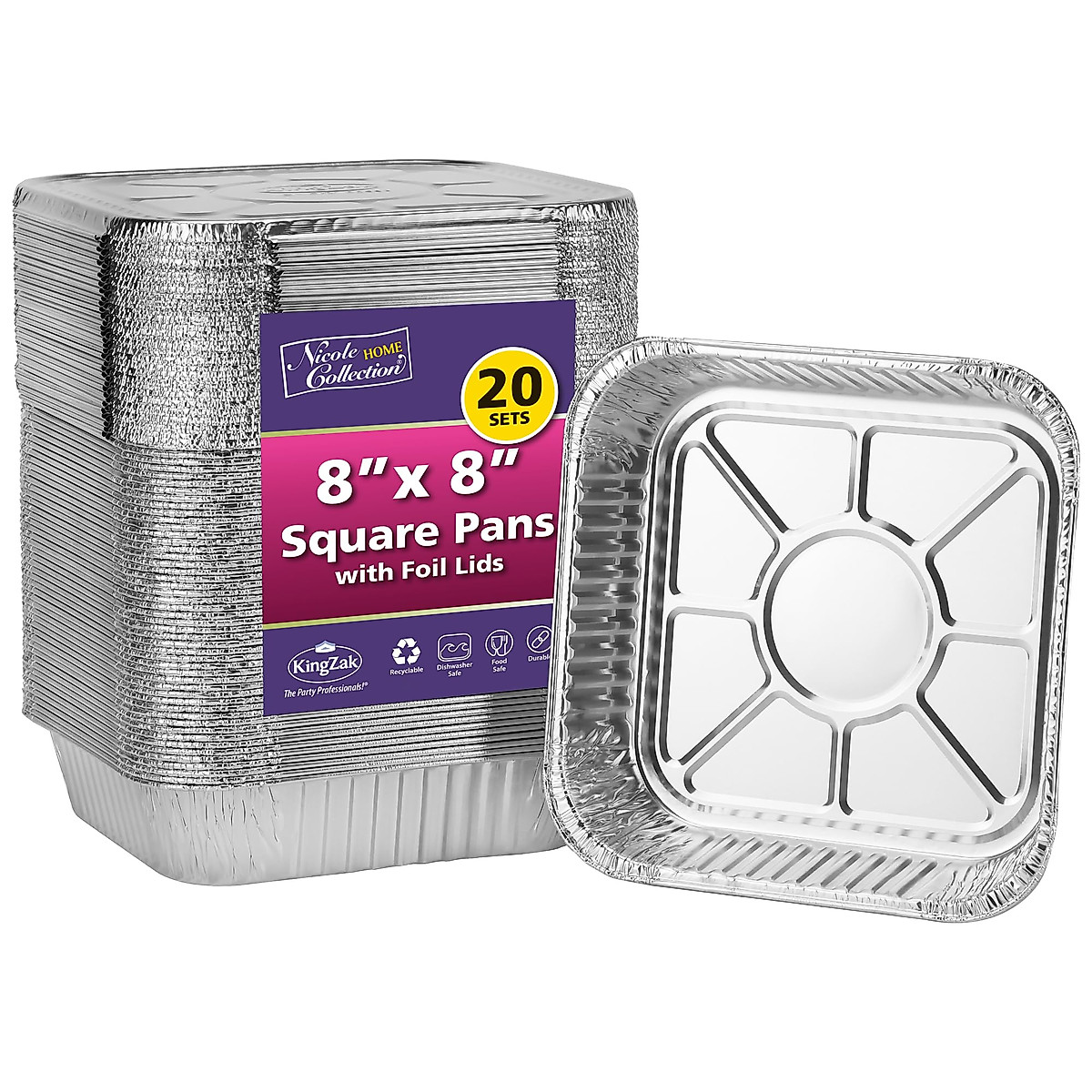 8x8 Aluminum Pans With Lids (20 Pack) 8 Inch Foil Pans With Covers - Cake Pans - Aluminum Square Pans With Lids - Disposable Food container - great For Cake Baking, Cooking, Freezing, Prepping Food