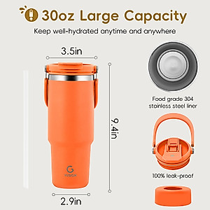 VUSIGN 30 oz Tumbler with Handle and Flip Straw, Stainless Steel Vacuum Insulated Water Bottle Travel Mug Thermal Cup for Home, Office, Car, Outdoors, Sports, Orange