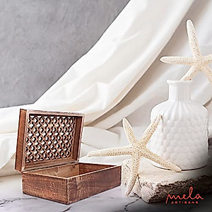 Mela Artisans Decorative Storage Box with Hinged Lid - Medium Polish, Large | 9” x 6” x 3.5” | Rustic Trellis Design | Mango Wood Crafted | Ideal for Keepsakes, Trinkets, Jewelry and Other Stash