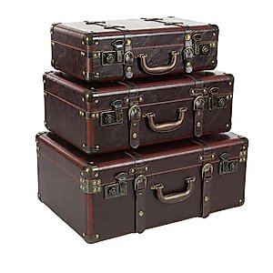 Deco 79 Faux Leather Trunk Nesting Upholstered Decorative Large Boxes with Vintage Accents and Studs, 18, 21, 23 Inches, Brown