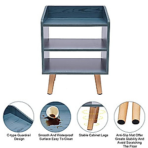 Small Bedroom Nightstand/Minimalist End Table/Side Table/Little Table - with 2 Open Storage Cabinets/Solid Wood Legs,Modern Bedside Night Stand for Bedroom, Living Room（Blue ）- Easy Assembly