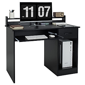 COSTWAY Computer Desk with Hutch, Home Office Desk with Drawer, Adjustable Shelf & Keyboard Tray, Study Writing Desk, Executive Workstation for Living Room, Bedroom & Study (Black)