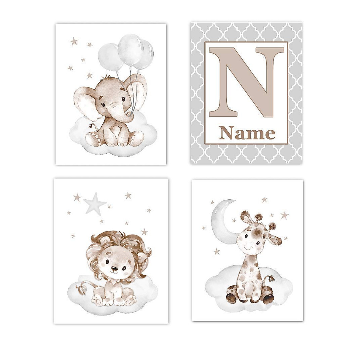 Personalized Baby Boy Nursery Wall Art Safari Animals Elephant Giraffe Lion Decor 4 UNFRAMED PRINTS