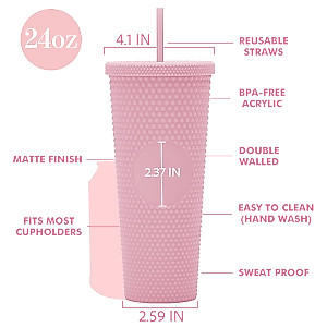 24oz DIY Studded Tumbler.Matte Light Pink Studded Tumbler with Lid and Straw.Reusable Double Walled Insulated Travel Tumbler.Plastic Acrylic Pastel Colored Tumbler Cup for Iced Coffee Smoothie.
