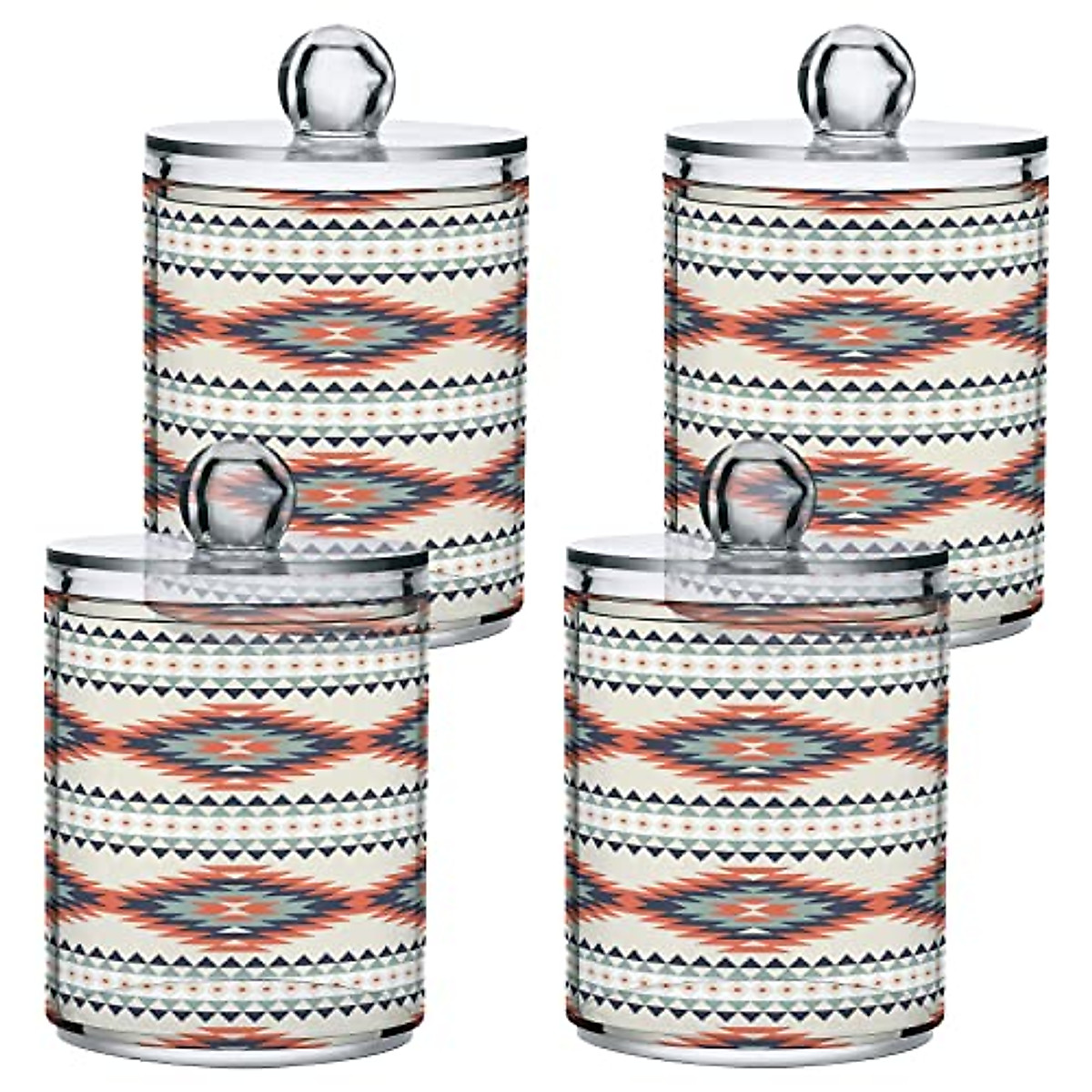 Kigai 2PCS Aztec Pattern Qtip Holder Dispenser with Lids - 14 oz Bathroom Storage Organizer Set, Clear Apothecary Jars Food Storage Containers, for Tea, Coffee, Cotton Ball, Floss