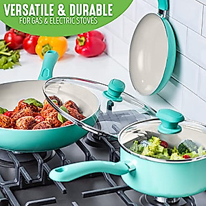 GreenLife Soft Grip Healthy Ceramic Nonstick, 14 Piece Cookware Pots and Pans Set, PFAS-Free, Dishwasher Safe, Turquoise