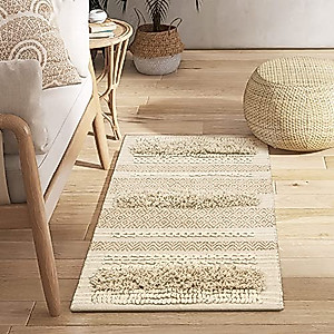 SUMGAR Beige 2x3 Area Rug Boho Rugs Cotton Woven Textured Thick Cream Neutral Throw Rug,Handmade Tufted Knoted Soft Carpet with Sparkle Gold Metalic Pattern for Living Room Bedroom Entryway