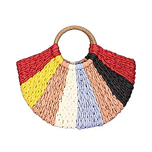 YYW Women Straw Bag,Colorful Hand-woven Rattan Tote Clutch Handle Bag Retro Summer Beach Tote Bags Wicker Bags