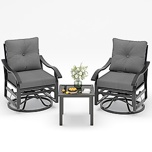 VONZOY 3 Piece Outdoor Swivel Chair, Patio Furniture Metal Rocker Bistro Set with Rocking Chair, Thick Cushions and Table for Porch Garden Balcony（Grey）