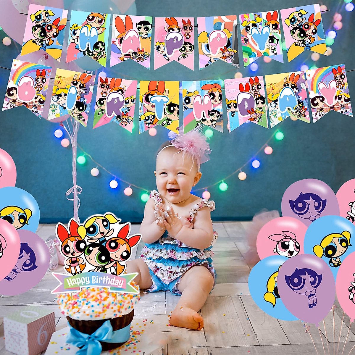 Powerpuff Girls Birthday Party Decoration, Powerpuff Girls Include Kawaii Cartoon Theme Birthday Banner, Cake Topper, Latex Balloons for Kids Birthday Party Supplies, Baby Shower