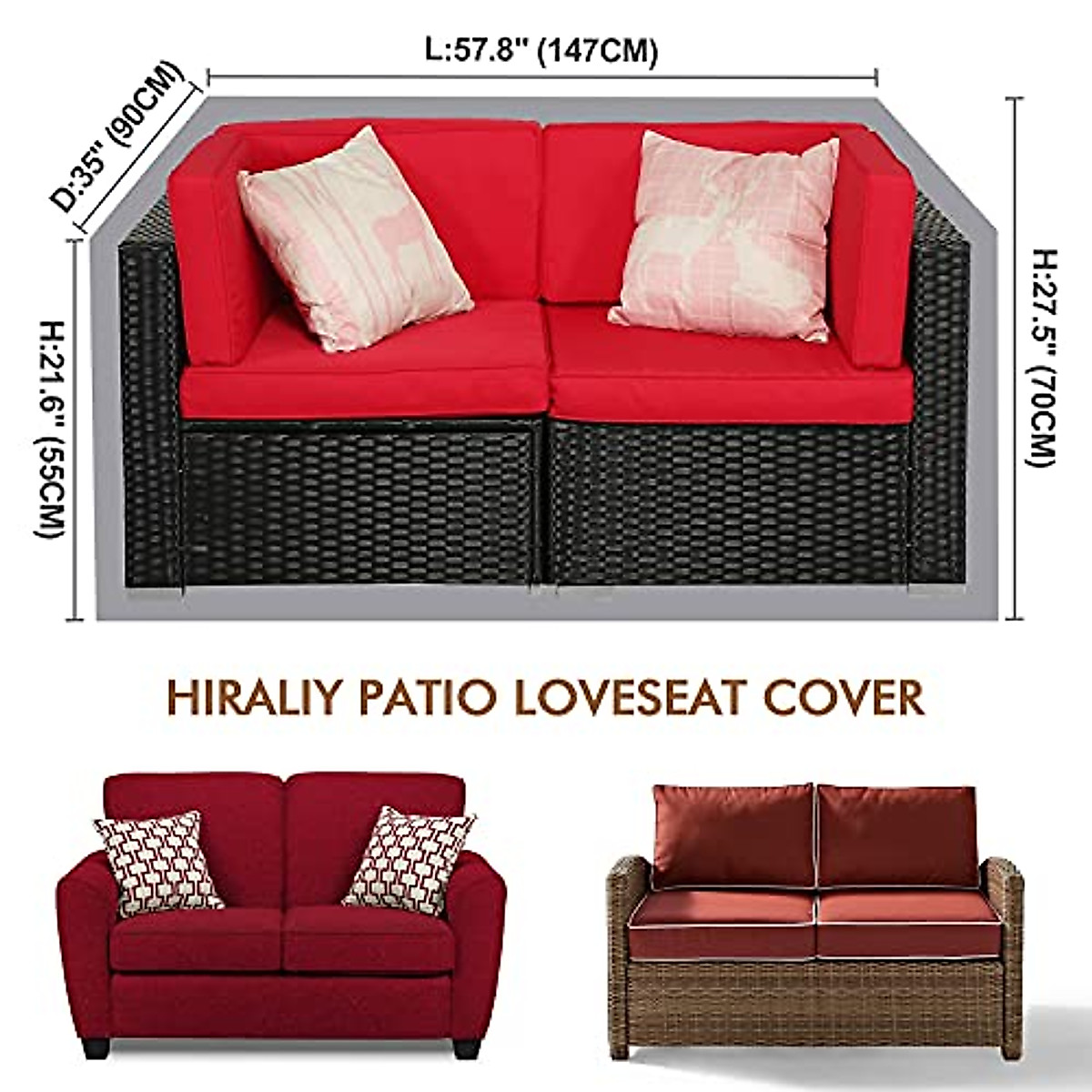 HIRALIY 2-Seater Patio Sofa Covers Waterproof, Patio Loveseat Cover for Winter, Heavy Duty Patio Furniture Covers for Lounge Deep Seat Chairs Couch Bench, 57.8" L x 35" W x 27.5" H