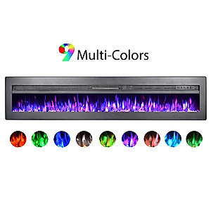 GMHome 60 Inches Wall Recessed Electric Fireplace 9 Changeable Color Realistic Crystal Stone Flame Heater, with Remote, 1500W, Metal Panel - Black