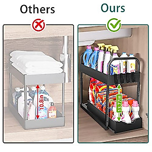 CJNBSHAD Under Sink Organizers and Storage, Adjustable Height Sliding Bathroom Sink Organizer, Multi-Use 2 Tier Under Kitchen Sink Organizer, Cabinet Organizer Storage With 4 Hooks, 2 Hanging Cup