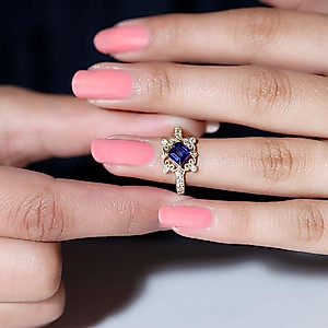 Rosec Jewels Certified Lab Grown Blue Sapphire Diamond Vintage Ring, 5 MM Sapphire Princess Cut Engagement Ring, AAAA Quality, 14K Yellow Gold, Size:US 7.50