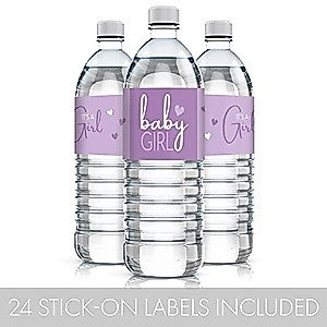 Purple It’s a Girl Baby Shower Water Bottle Labels - Sweet Baby Girl Themed Waterproof Wrappers - 24 Count