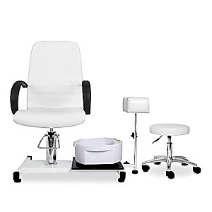 Paddie White Pedicure Chair with Rolling Low Stool/Foot Basin/Leg Rest Hydraulic Adjustable for Salon Spa Nail Tech