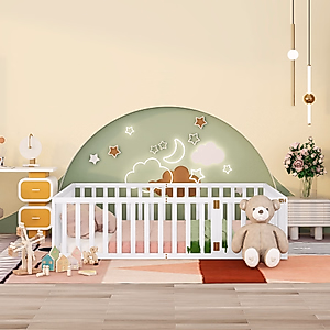 Luxo Abode Multifunctional Queen Size Floor Bed with Safety Guardrails and Door, Montessori Sturdy Solid Wood Beds Frame, Easy Assembly and No Spring Need, for Boys and Girls Room, White