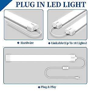 Airand Utility LED Shop Light Fixture 2FT 4FT with Plug, Waterproof Linkable LED Tube Light 5000K Under Cabinet Lighting,1800 LM LED Ceiling and Closet Light 18W, Corded Electric with ON/Off Switch