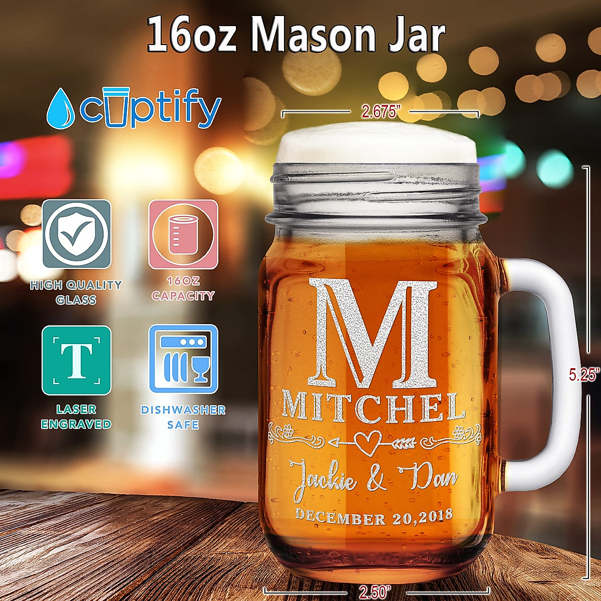 Personalized Wedding Favors Etched 16 oz Mason Jar Drinking Glasses with Handle Customized Mug for Anniversary Groom Bride Husband Wife