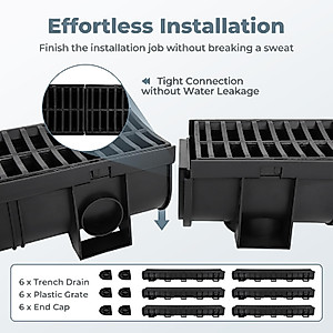 Trench Drain System, Channel Drain with Plastic Grate, 5.9x5.1-Inch HDPE Drainage Trench, Black Plastic Garage and GardenDrain, 6x39 Trench Drain Grate, with 6 End Caps,Convenient Assembly（6 Pack）