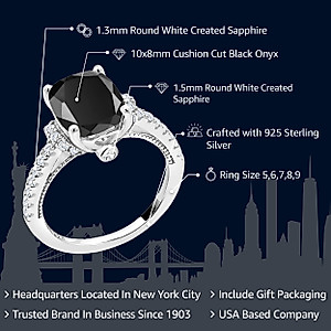 Gem Stone King 925 Sterling Silver Black Onyx and White Created Sapphire Ring | 10X8MM Cushion Cut Gemstone Birthstone Ring For Women | 3.14 Cttw | Available In Size 5, 6, 7, 8, 9