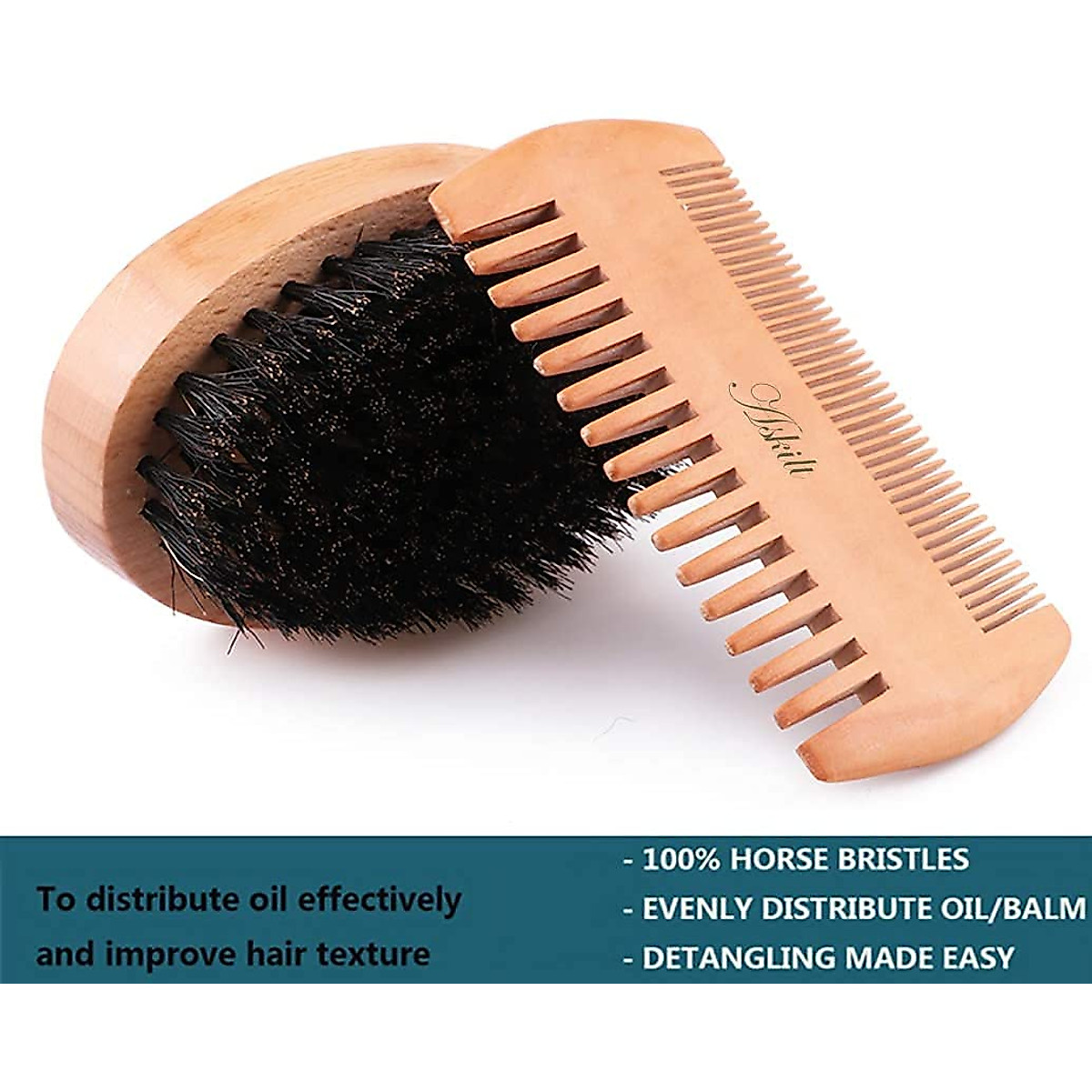 Beard Comb & Beard Brush Set Natural Boar Bristle Brush and Dual Action Pear Wood Comb to Spread Balm or Oil for Growth - Softness Exfoliates Skin Helps Softening and Conditioning