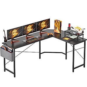 CubiCubi L Shaped Gaming Desk, 66.9 inch Computer Corner Desk with Monitor Shelf for Home Office Study Writing Workstation, Black