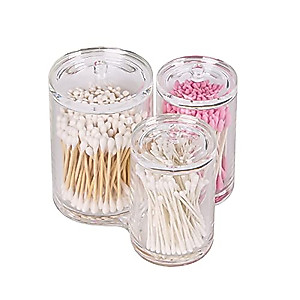 Ymeibe Clear Acrylic Cotton Swab Holder with Lid Q-tip Organize Case for Make Up Brush Round Bathroom Counter Organizer (3 Connected Towers)