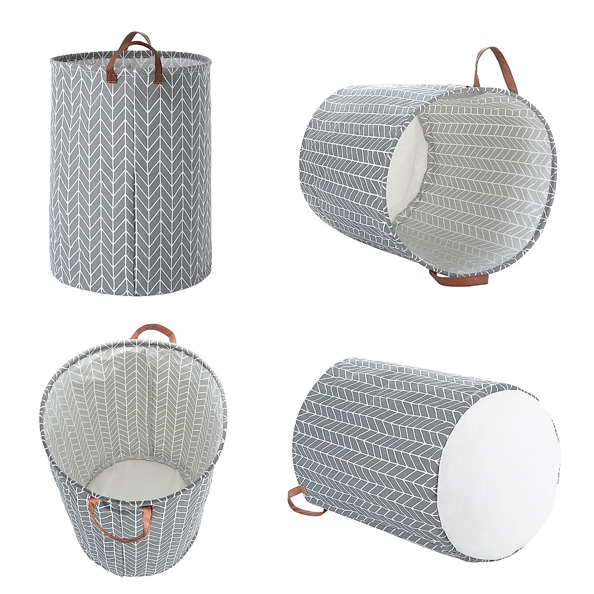 Tsingree 60L Waterproof Laundry Hamper, Large Foldable Laundry Basket with Leather Handles, Canvas Storage Bin for Kid's Room and Baby Nursery (Gery arrow)