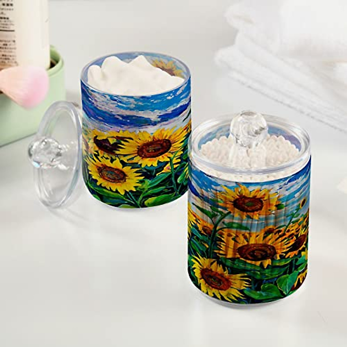 Sunflowers Fields Qtip Dispenser Apothecary Jars Spring Summer Floral Autumn Yellow Flowers Bathroom Qtip Holder Storage Canister Plastic Jar 10 Oz for Cotton Ball Swab Round Pads Floss 2pcs