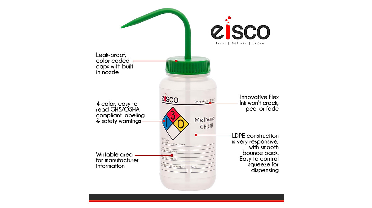EISCO 500ml Methanol Wash Bottle - Color Coded Safety Labels