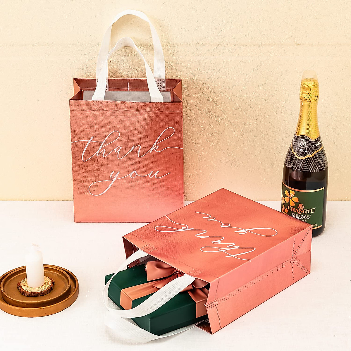 Crisky Reuseable Rose Gold Thank You Gift Bags for Business Wedding Party, 25 Counts Medium Size Eco-Friendly Non-Woven Treat Party Favor Bags, 11x4x9 Inches