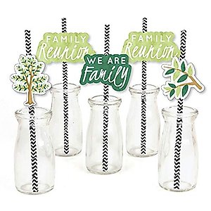 Family Tree Reunion - Paper Straw Decor - Family Gathering Party Striped Decorative Straws - Set of 24