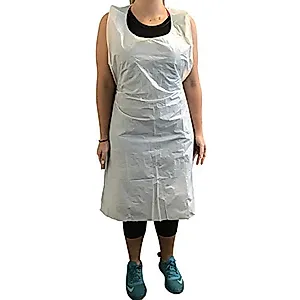 KingSeal Bib Style Disposable Poly Aprons, 28 by 46 Inches, Box of 100 Aprons, White