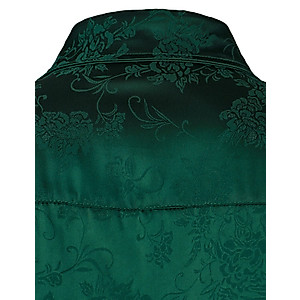 ZEROYAA Men's Hipster Floral Jacquard Long Sleeve Satin Silk Like Button Up Dress Shirts for Party Prom ZHCL55 Dark Green Small