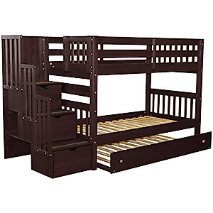 Bedz King Stairway Bunk Beds Twin over Twin with 3 Drawers in the Steps and a Twin Trundle, Dark Cherry