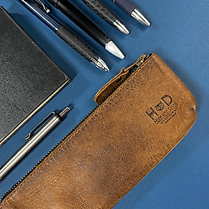 Hide & Drink, Rectangular Pencil Case, Pen & Marker Pouch for Men and Women, Flat Zippered Holder, Classic Style for Artists, Full Grain Leather, Handmade, Bourbon Brown