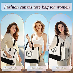 QLOVEA Womens Tote Bag, Initial Canvas Bag with Pockets and Shoulder Strap, Personalized Beach Bag with Zipper Birthday Gifts for Friends Female Monogrammed Gifts Reusable Gift Bag Letter J