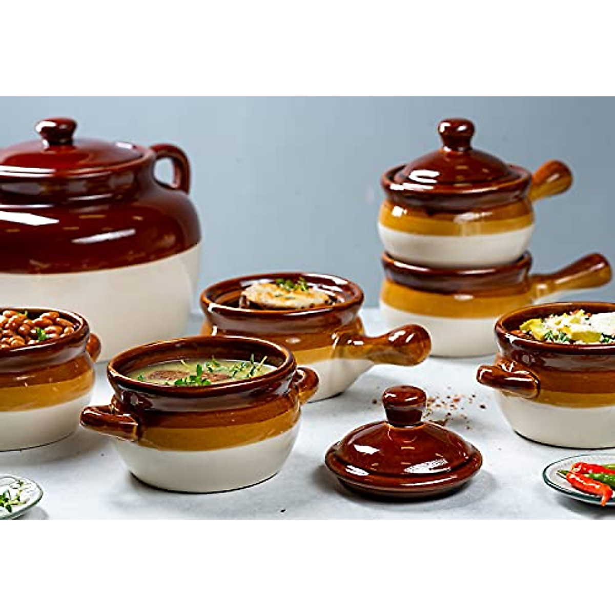French Onion Soup Crocks with Lids, by Kook, Ceramic Bowls, Large Handles, Dishwasher, Microwave, Oven & Broil Safe, Brown/White, Set of 4, 15 oz, Puebla Collection